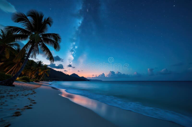 Starry Night Sky Over Tranquil Tropical Beach, Panoramic View, Peaceful ...