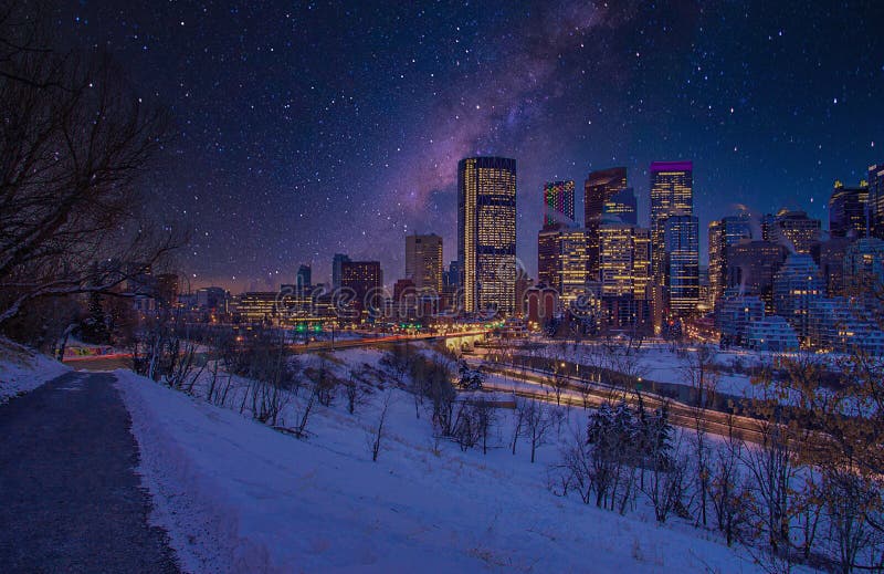 Starry Night Sky Over a Wintry Downtown Calgary Stock Photo - Image of ...