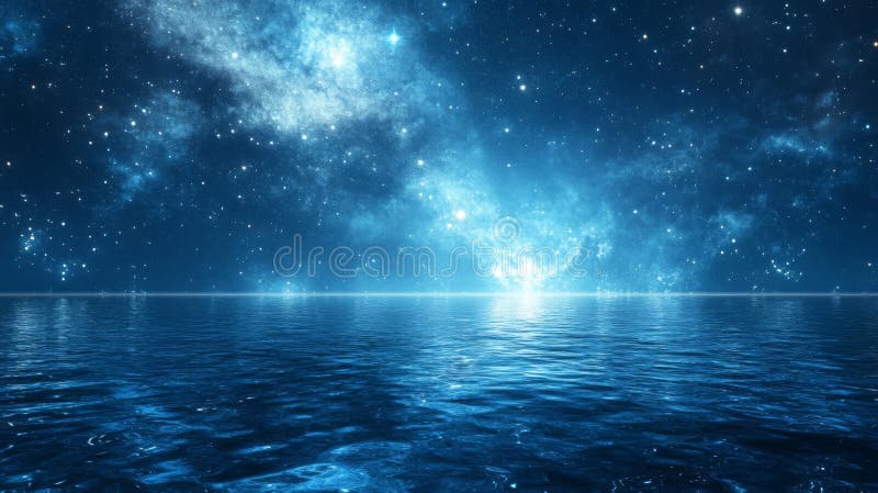 Starry Night Sky Reflected in Calm Ocean Waters Stock Illustration ...