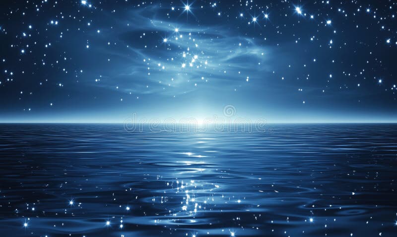 Starry Night Sky Reflecting Calm Ocean Surface Shimmering Water Stock ...