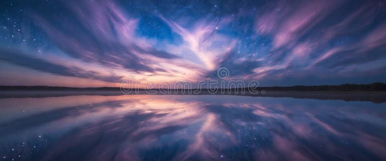 Starry Night Sky Reflection Over Serene Water Surface at Dusk Stock ...