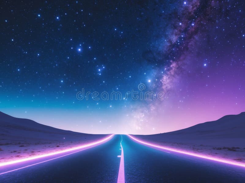 Starry Night Sky with a Road Leading To a Galaxy Stock Image - Image of ...