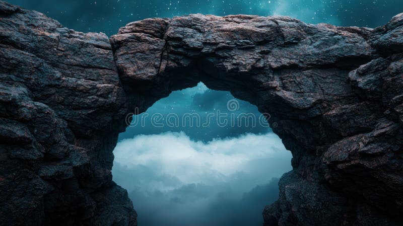 Starry Night Sky through Rocky Arch Stock Illustration - Illustration ...