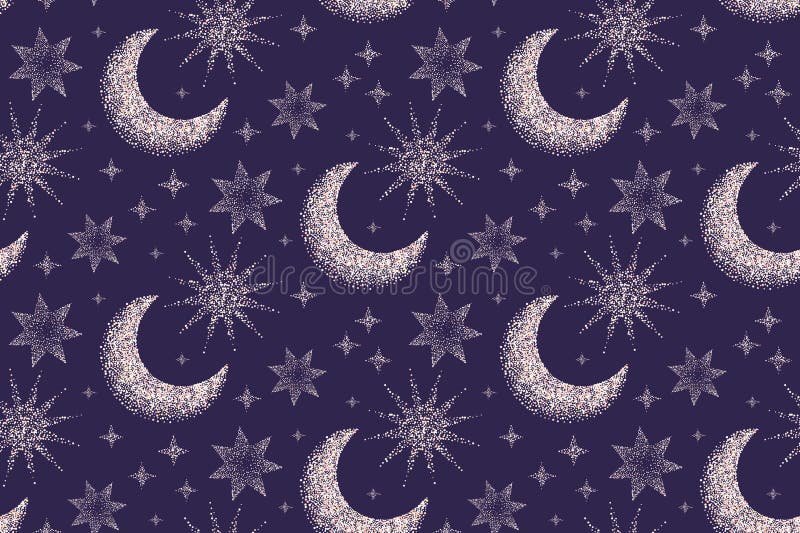 Starry Night Sky Seamless Vector Pattern, Crescent Moon and Stars on ...