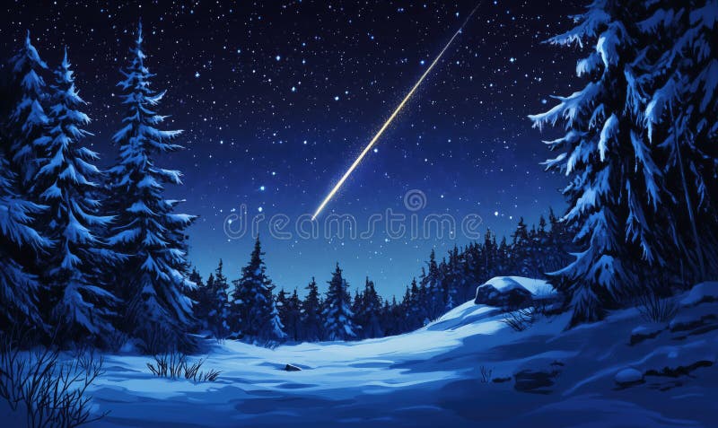 Starry Night Sky with Shooting Star Over Snowy Forest Landscape Stock ...