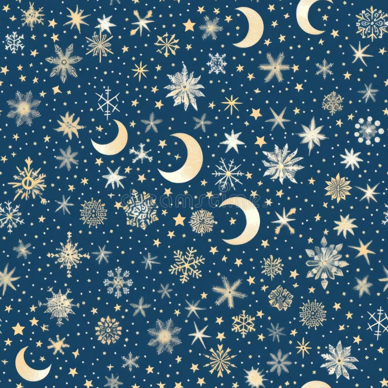 Starry Night Sky with Snowflakes and Moons Pattern Stock Photo - Image ...