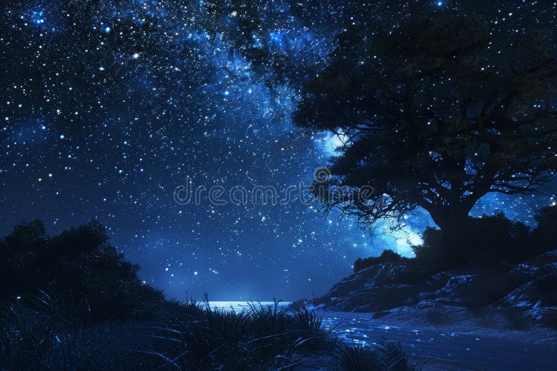 A Starry Night Sky with a Tree in the Foreground Stock Image - Image of ...