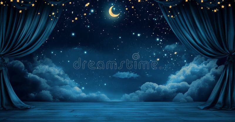 Starry Night Stage with Crescent Moon and Mystical Blue Color Stock ...