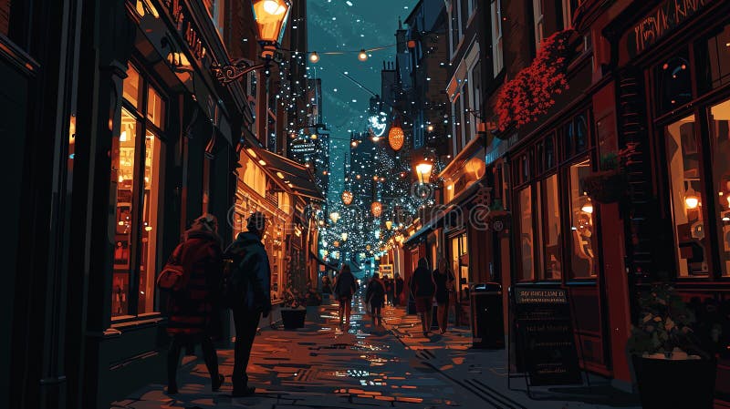 Starry Night on the Street stock illustration. Illustration of lights ...