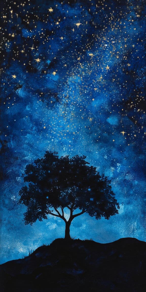 Starry Night Tree Landscape Painting Stock Illustration - Illustration ...