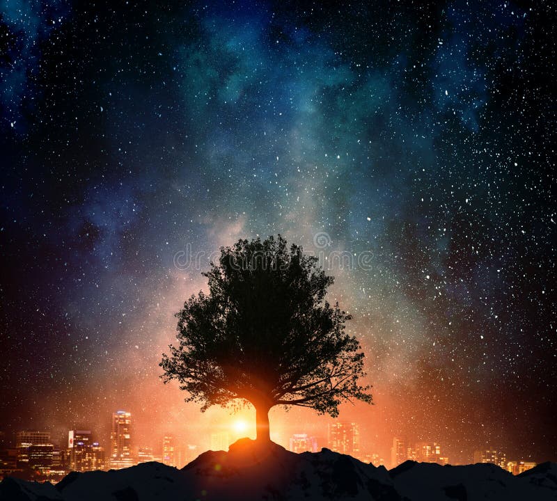 Starry Night and Tree . Mixed Media Stock Image - Image of starry ...