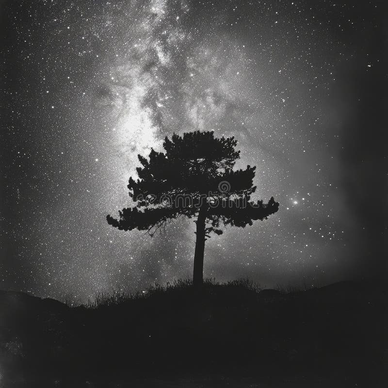 Starry Night Tree Silhouette Stock Illustration - Illustration of ...