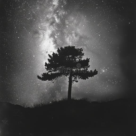 Starry Night Tree Silhouette Stock Illustration - Illustration of ...