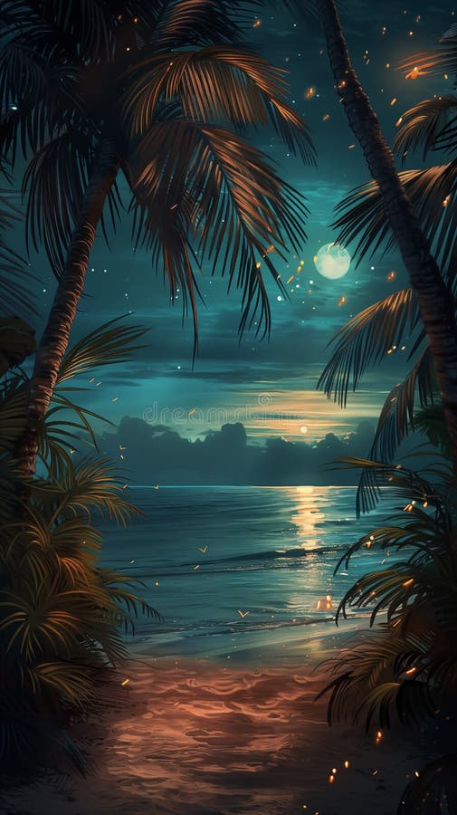Starry Night Tropical Beach with Palm Trees, Crescent Moon, and Ocean ...