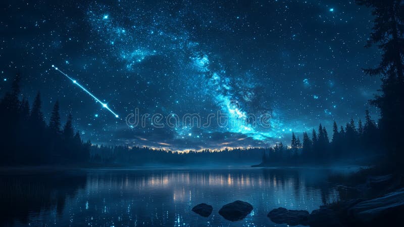 A Starry Sky Above a Calm Lake with Trees and a Shooting Star Reflected ...