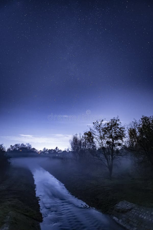 Starry Sky in Autumn Night at a Riverside Stock Photo - Image of ...