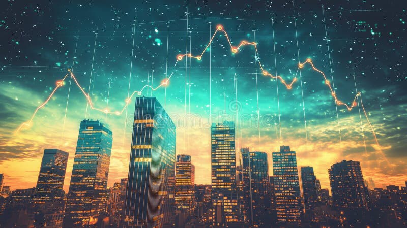 Starry Sky with Connected Line Graph Above Cityscape Stock Illustration ...