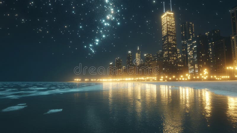 A Starry Sky Frames the Night City Skyline, Perfectly Reflected in the ...