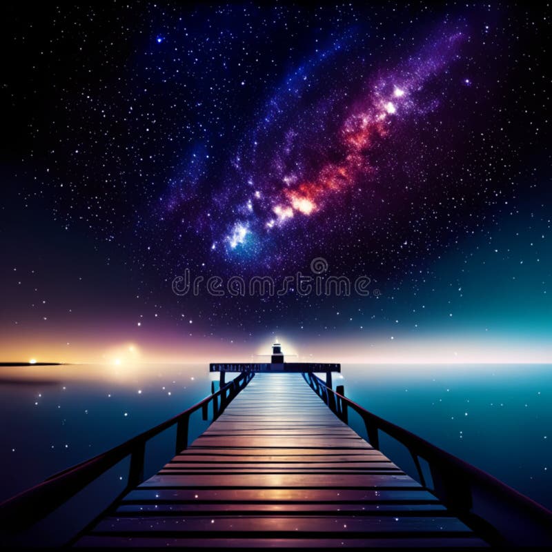 Illustration of a Jetty at Night with a Starry Sky Generative AI Stock ...