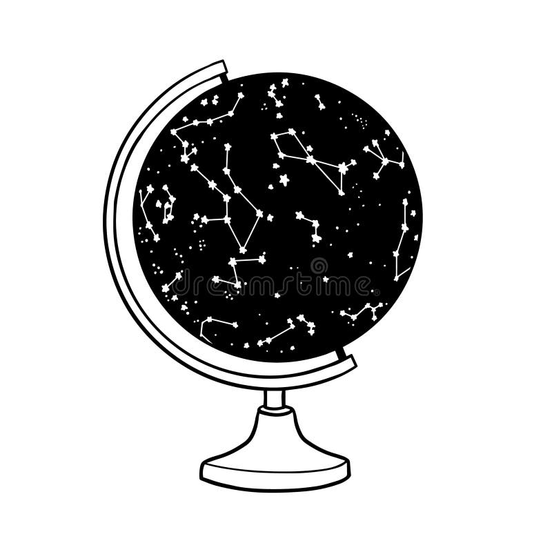 Starry Sky Night Map with Constellations on Globe. Hand Drawn Doodle ...
