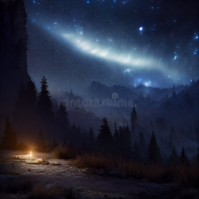 Starry sky over the forest stock illustration. Illustration of tree ...