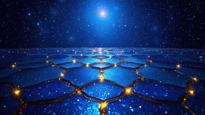 Starry Sky Over Glimmering Blue Hexagonal Tiles Under Celestial ...
