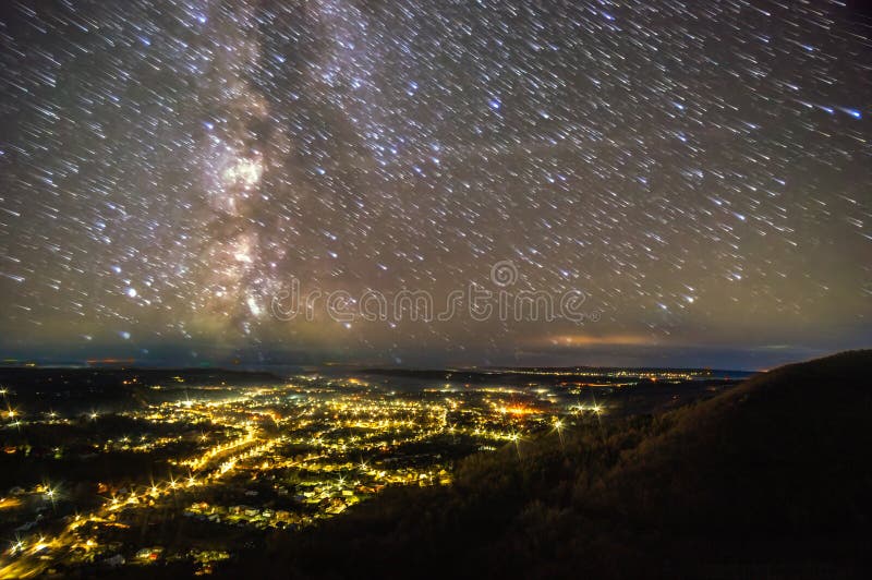 Starry Sky Over the Night City Stock Photo - Image of mountain, cluster ...