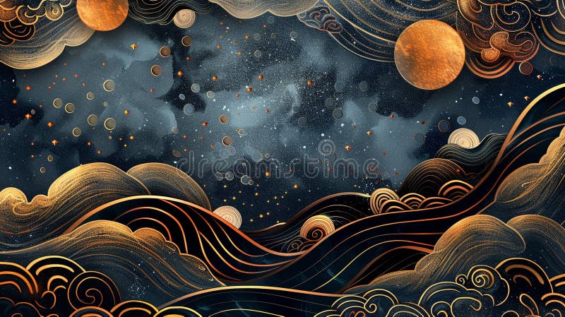 Starry Sky Over Waves with Artistic Planets and Clouds at Night Stock ...