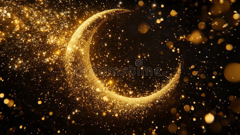 In a Starry Sky, a Shimmering Golden Crescent Moon with Sparkling ...