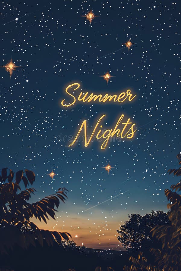Starry Sky with Summer Nights Text and Silhouette of Trees Stock Photo ...