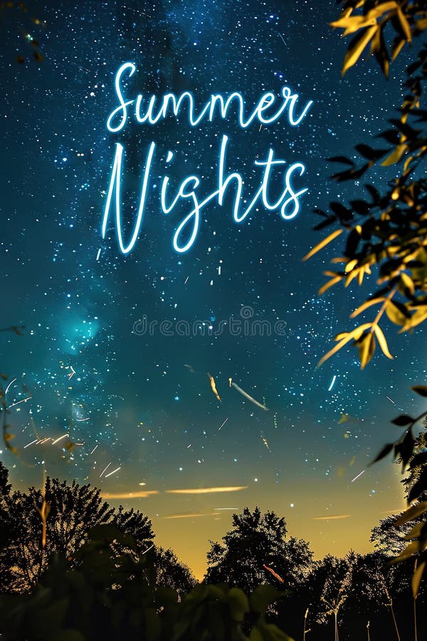 Starry Sky with Summer Nights Text and Silhouette of Trees Stock Photo ...