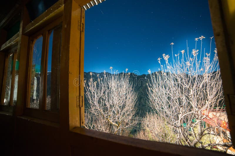 Starry Sky View Form the Window of Wooden Hounse in Himlayas Stock ...