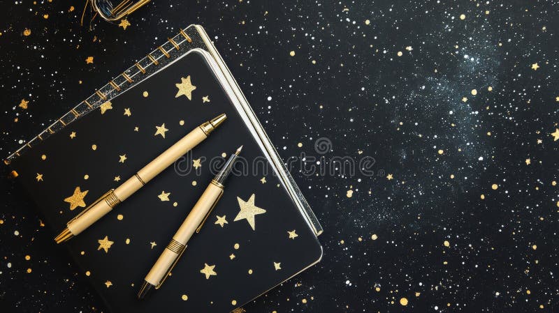 Starry Space-Themed Desk with Notebooks and Pens Stock Illustration ...