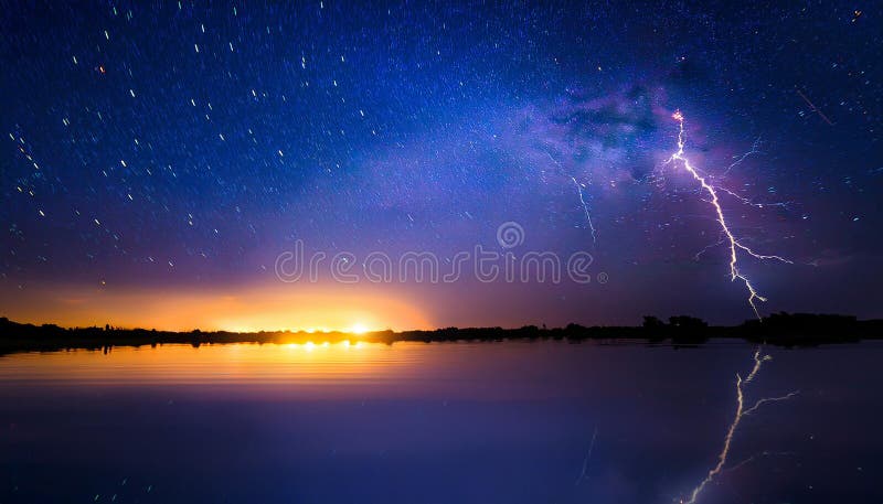 Starry Sunset with Thunderstorm Part and Lightning Stock Illustration ...