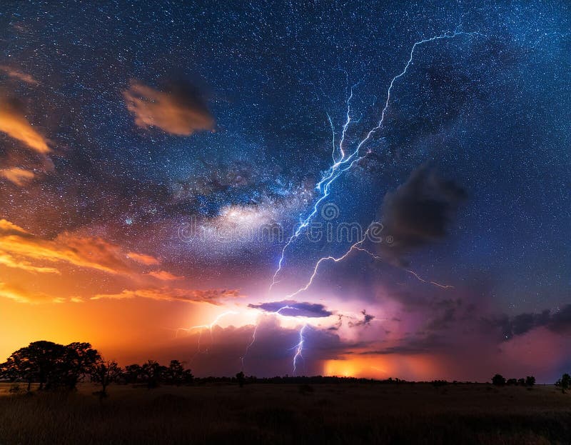 Starry Sunset with Thunderstorm Part and Lightning Stock Illustration ...