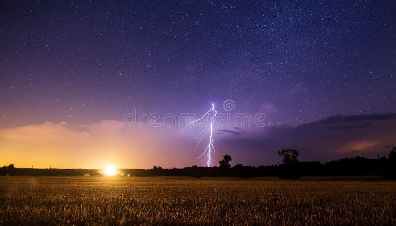 Starry Sunset with Thunderstorm Part and Lightning Stock Illustration ...