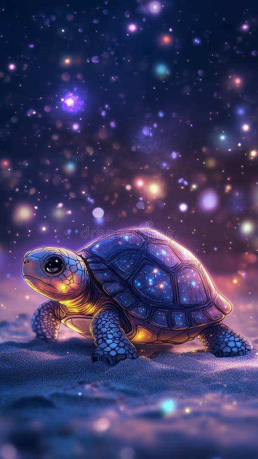 Starry Turtle with Glowing Shell on Sandy Beach Stock Image - Image of ...