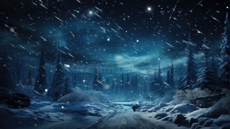 Starry Winter Night Over Snow-Covered Enchanted Forest Landscape ...