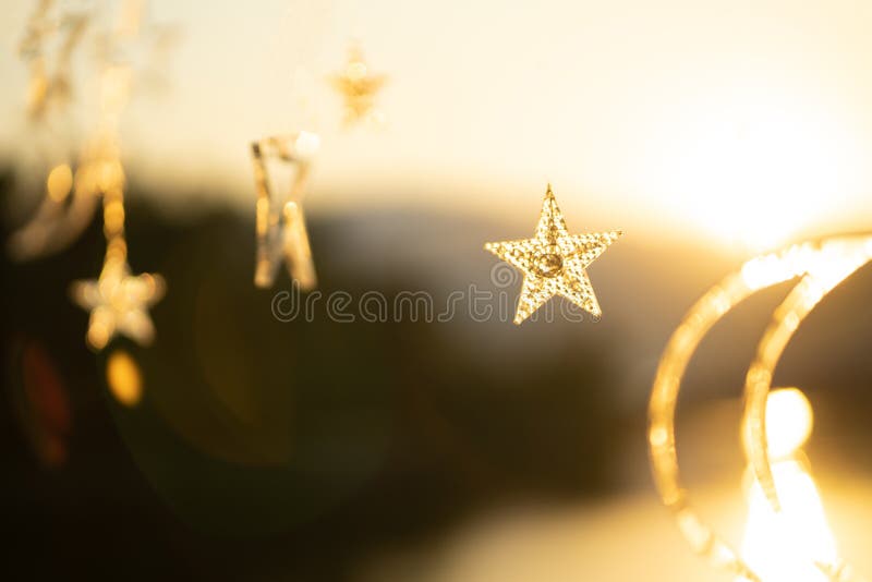 Stars and Half Moon Floating on Golden Light Background of Sunlight ...
