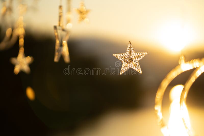 Stars and Half Moon Floating on Golden Light Background of Sunlight ...
