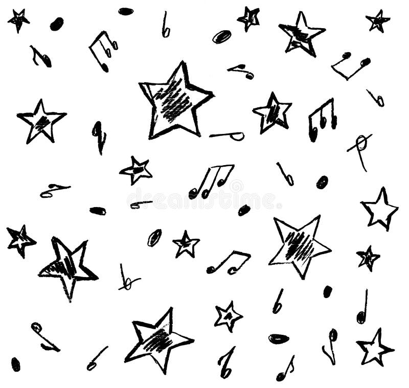 Stars and Musical Notes in Black on a White Background Stock ...