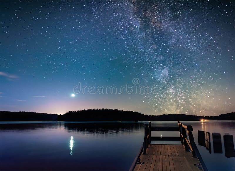 Stars Over Lake in Maine with Dock. Nature View Stock Illustration ...