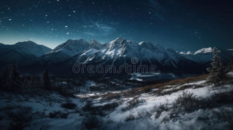 Stars Over a Snow Covered Mountains Stock Image - Image of hill, cloud ...