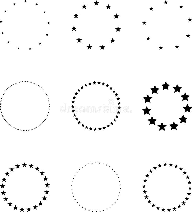 Stars of Various Sizes Arranged in a Circle. Round Frame, Border. Black Star Shape, Simple ...