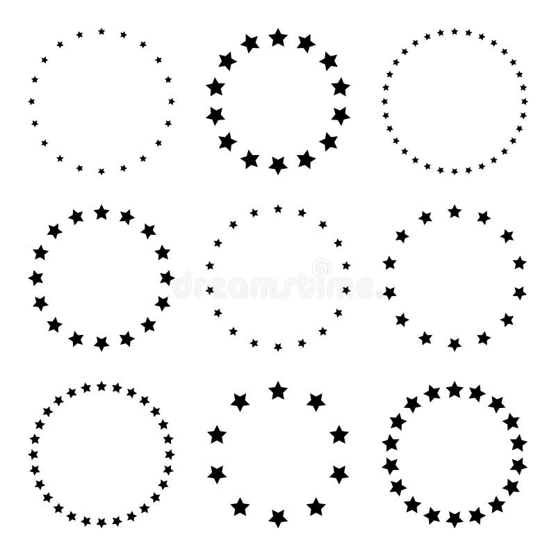 Stars of Various Sizes Arranged in a Circle. Round Frame, Border. Black ...