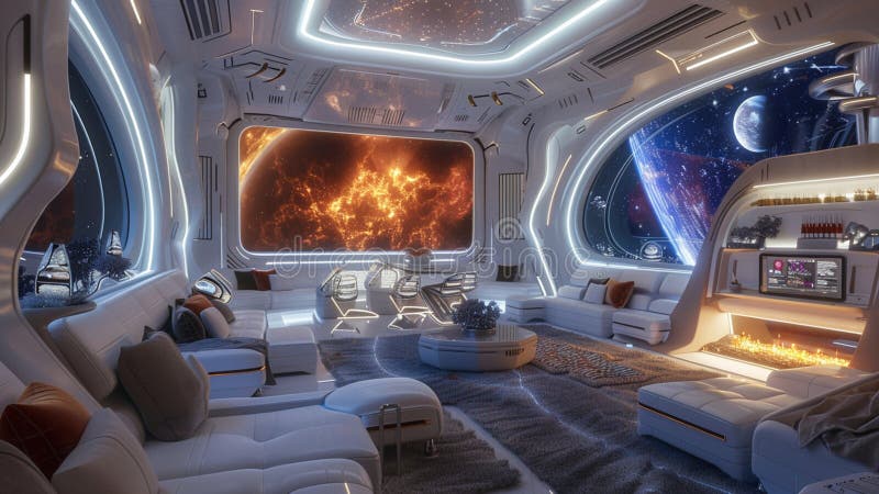 Futuristic Living Room with Big Windows Inside Spaceship Stock ...