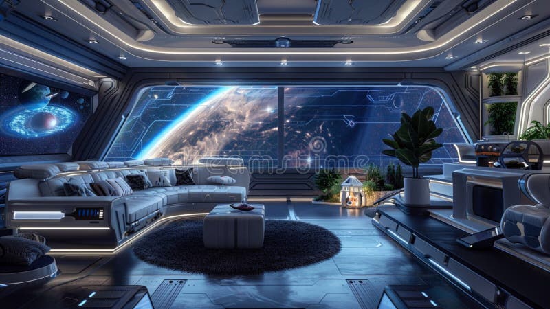 Futuristic Living Room with Big Windows Inside Spaceship Stock ...