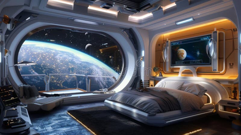 Futuristic Bedroom Inside Spaceship with Big Windows Stock Image ...
