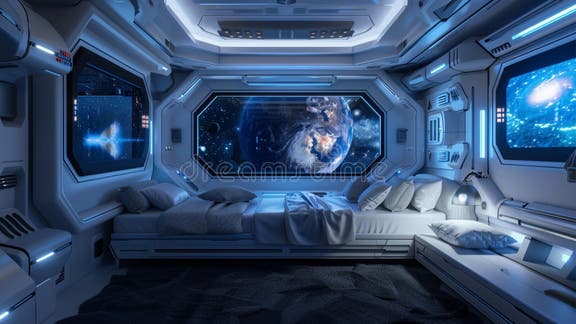 Futuristic Bedroom Inside Spaceship with Big Windows Stock Image ...