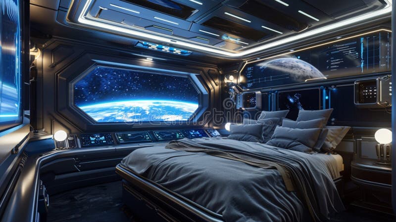 Futuristic Bedroom Inside Spaceship with Big Windows Stock Illustration ...